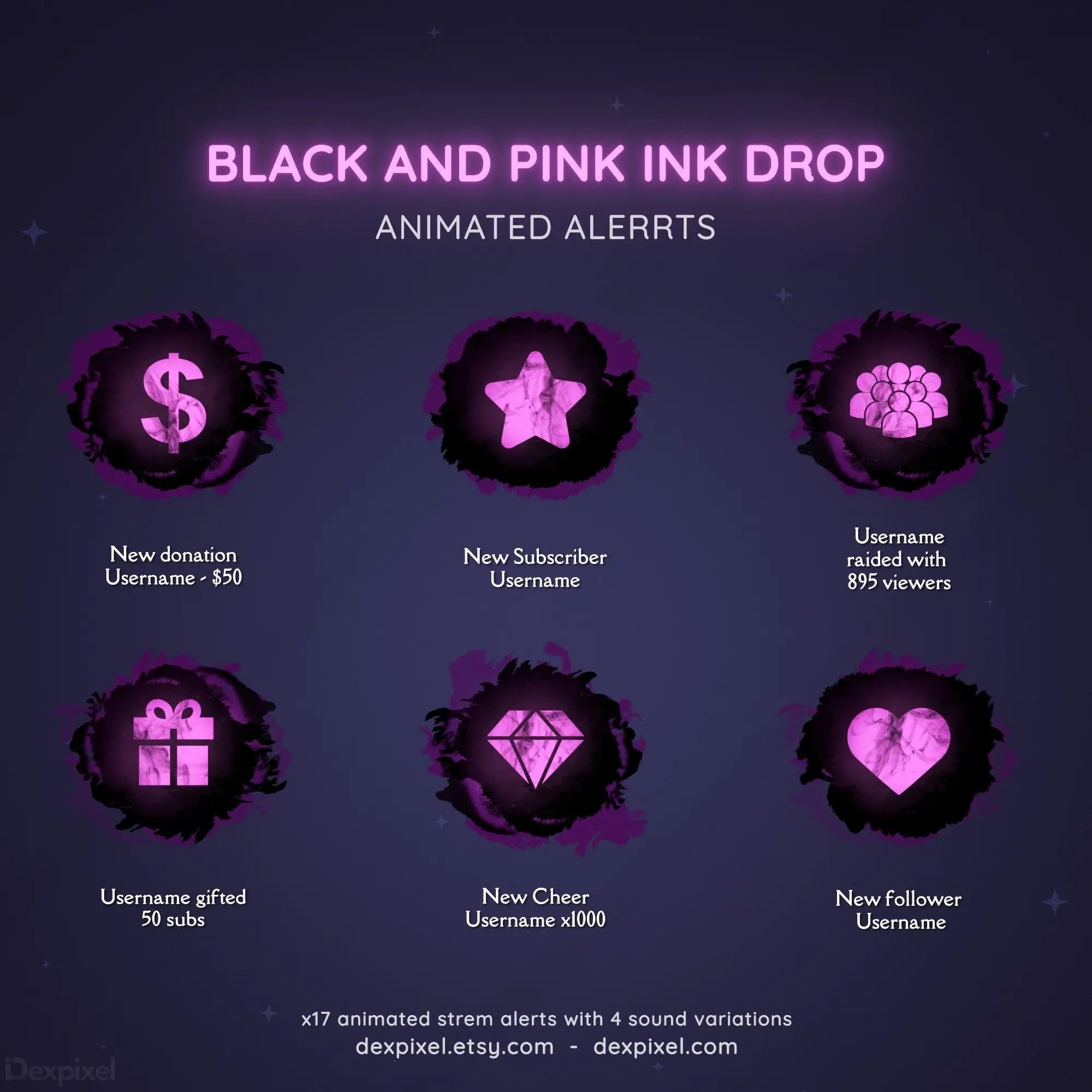 Black & Pink Ink Drop Stream Alerts | Twitch Notifications | Dexpixel