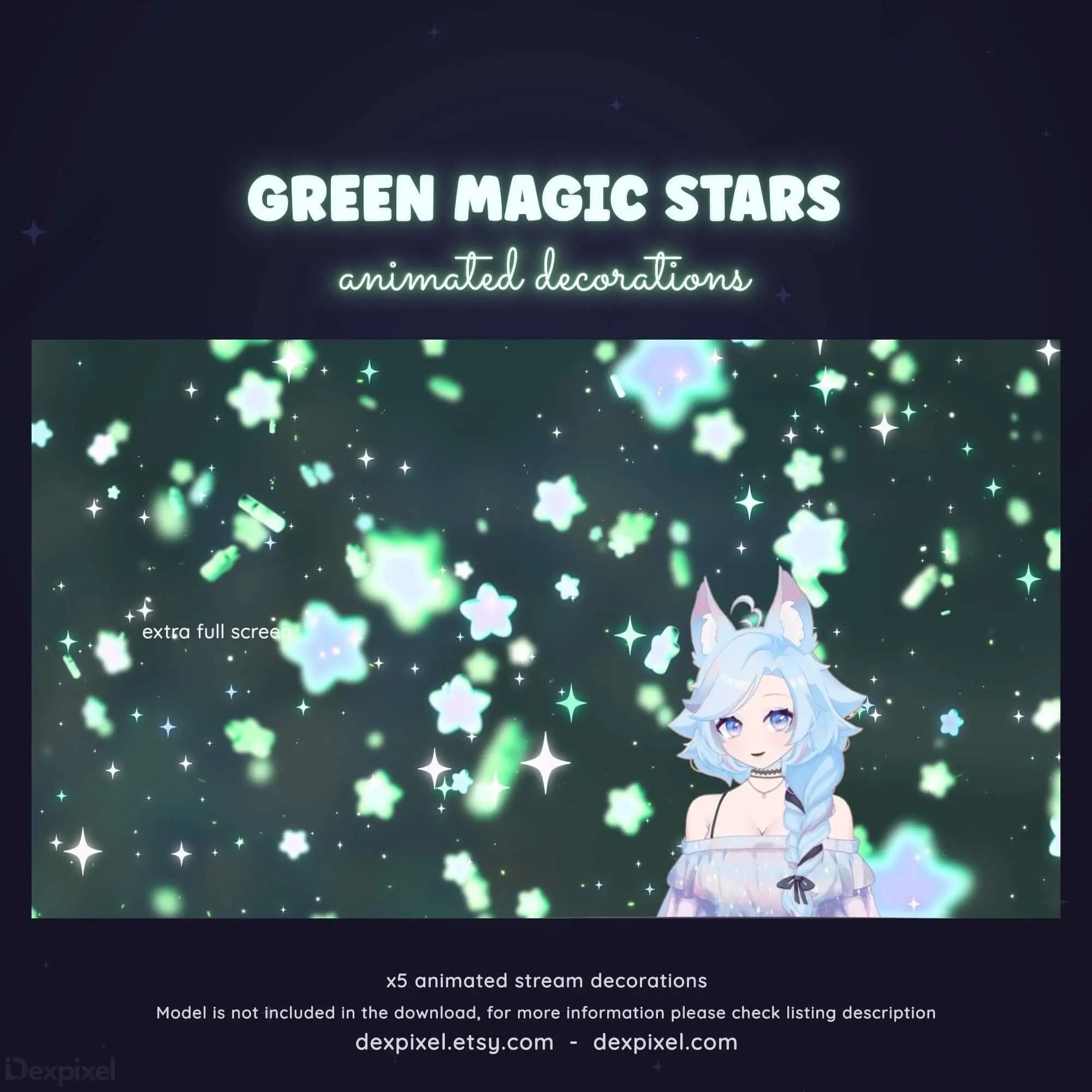 Green Stars Animated Stream Decorations | Cute VTuber Add-On | Dexpixel