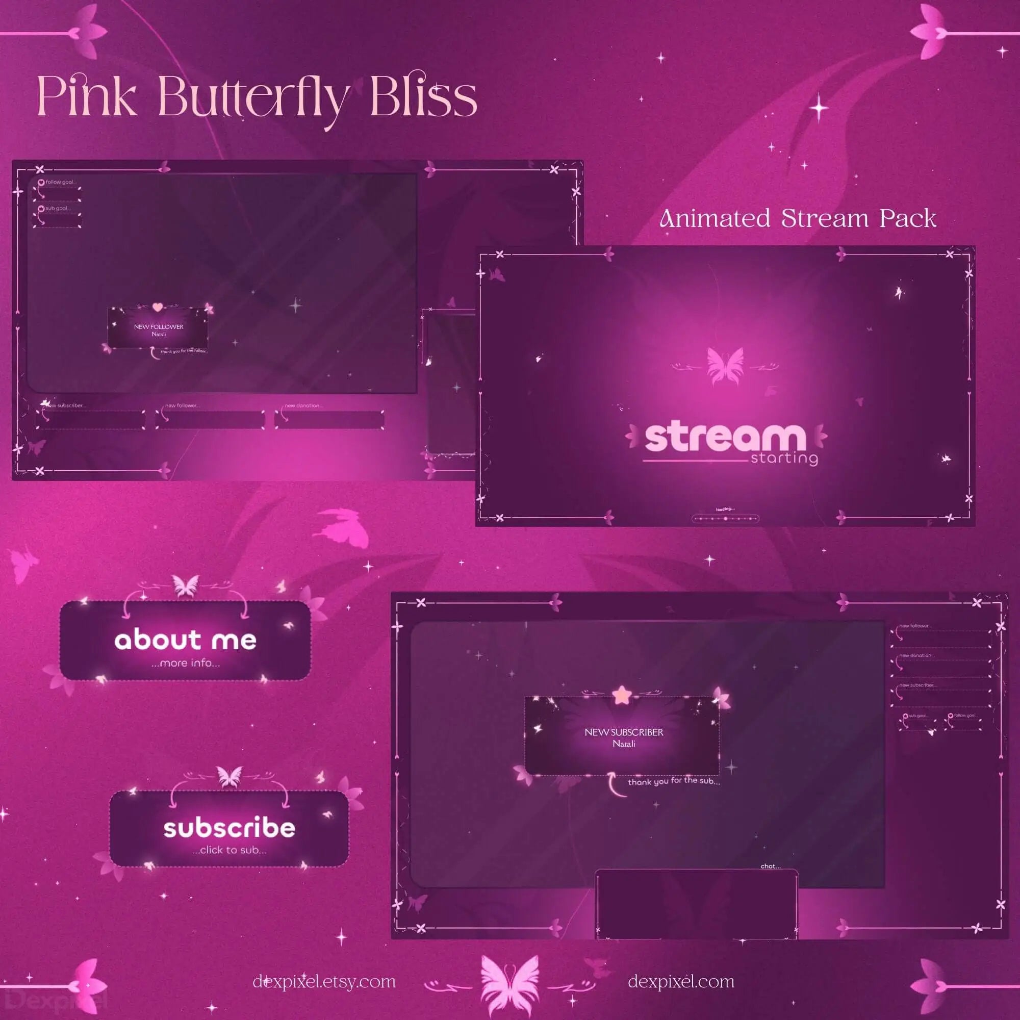 Pink Butterfly Bliss Twitch Stream Pack | Twitch Vtuber Overlay | Dexpixel