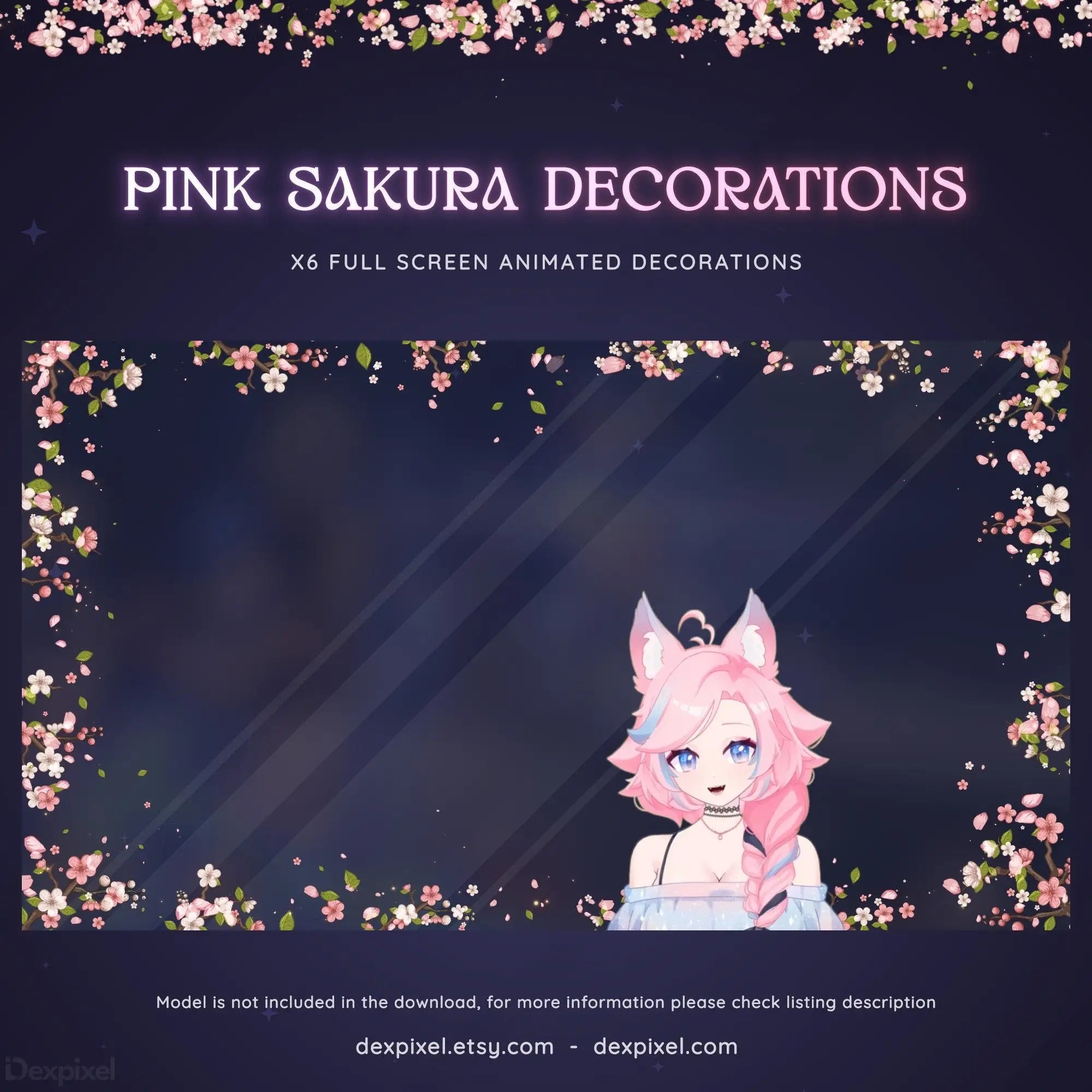 Pink White Sakura Stream Decorations | Floral Vtuber Add-On | Dexpixel