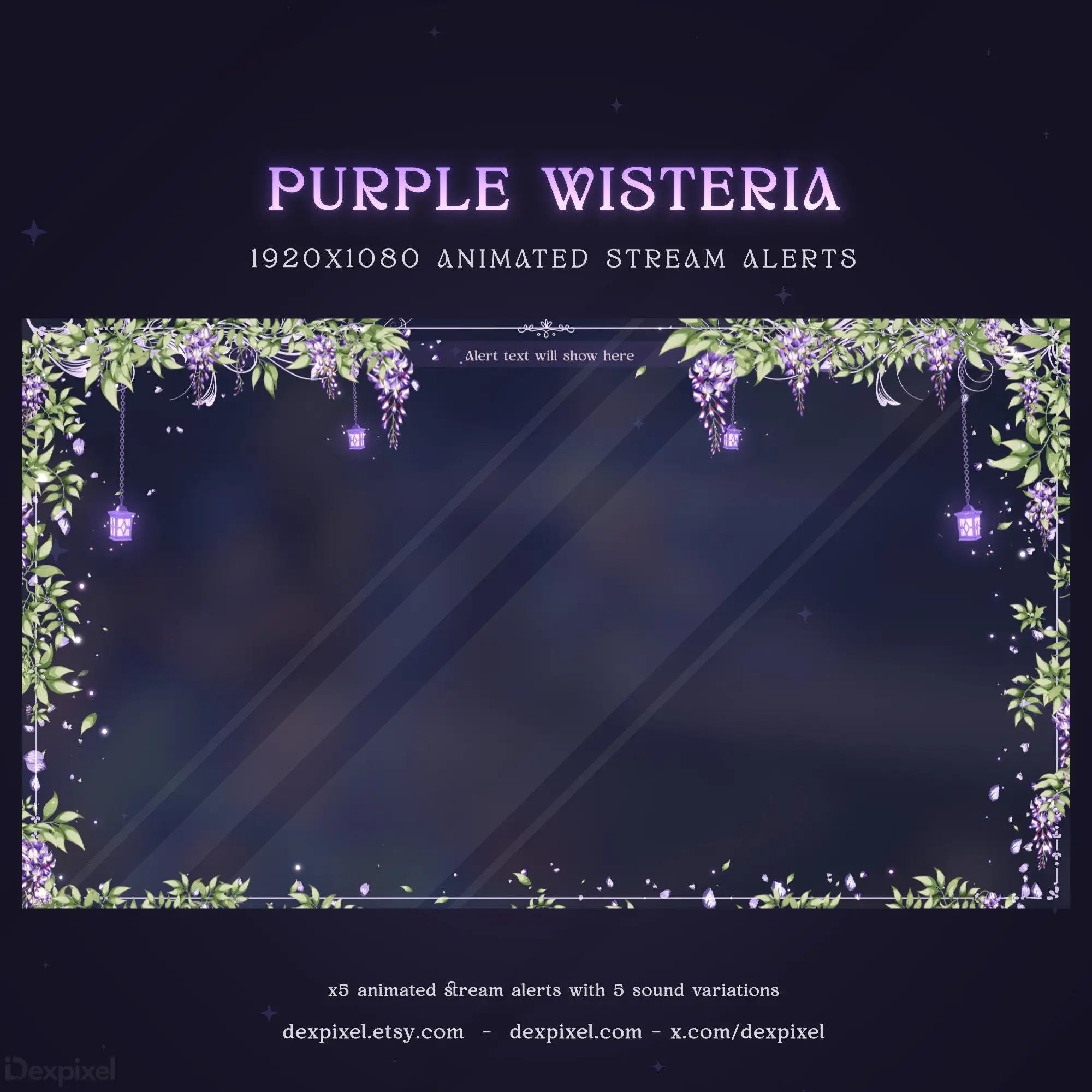 Purple Wisteria Stream Alerts | vtuber Elegant Floral Aesthetics | Dexpixel