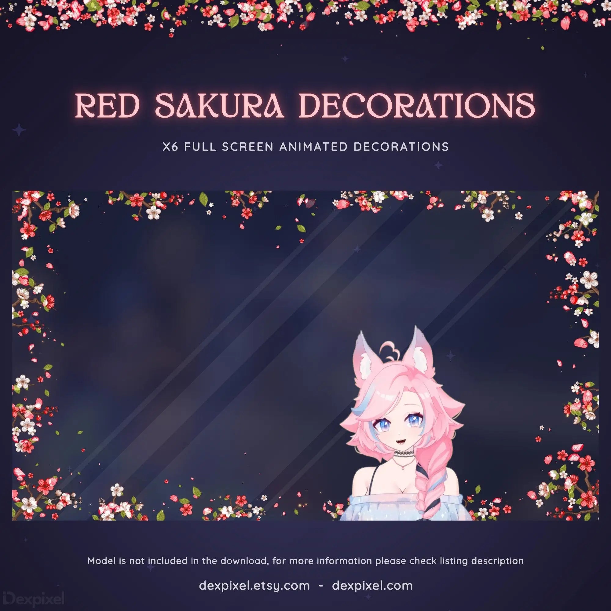 Red White Sakura Animated Vtuber Stream Decoration | Dexpixel